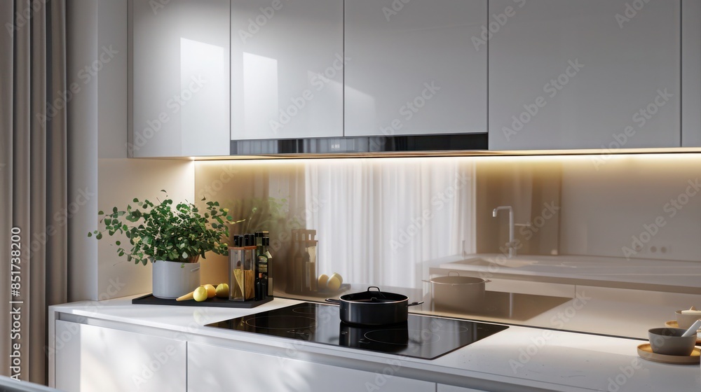 clean and uncluttered kitchen design with handle-less white cabinets, a ...