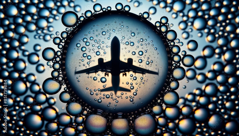 A detailed image of an airplane silhouette seen through soap bubbles, with each bubble ...