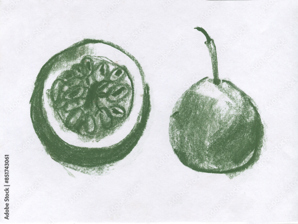 Passion fruit drawing in hand drawn style with rough pastel texture ...