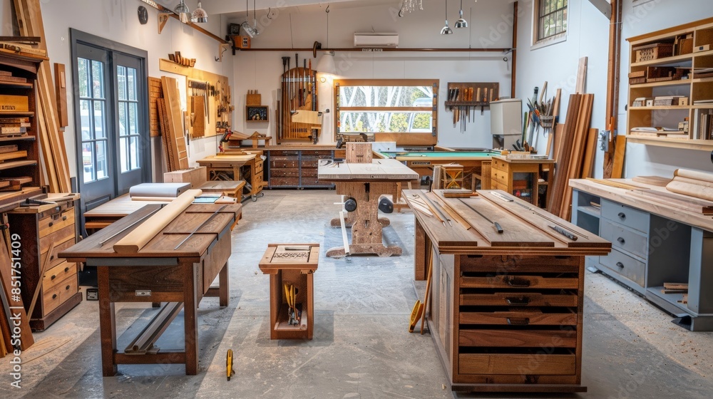 Spacious woodworking workshop with tools, benches, and cabinets ...