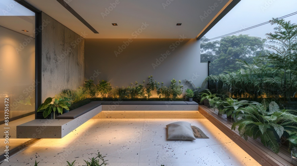 minimalist terrace designed with a continuous bench, hidden planters ...