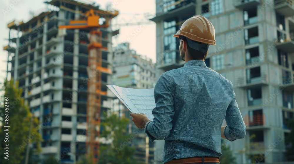 Man with project blueprints wearing a safety helmet overseeing the ...