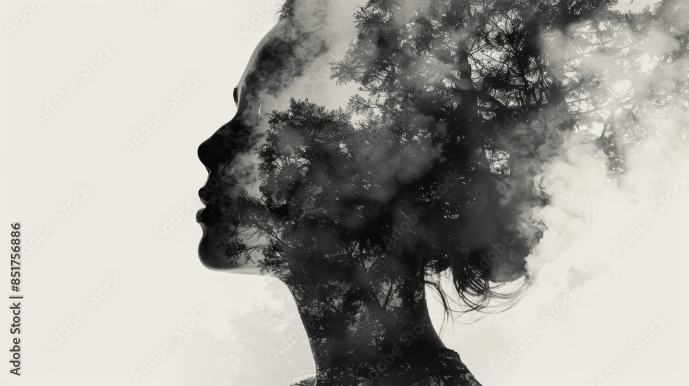Brooding black-and-white double-exposure portraiture of a female ...
