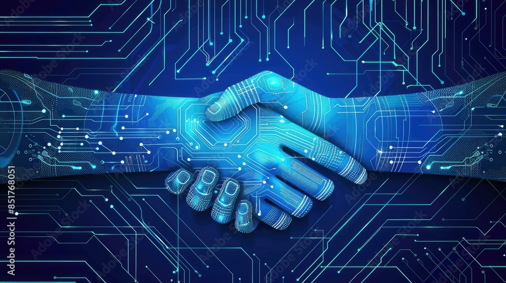 Abstract digital handshake with circuit board patterns on a blue ...