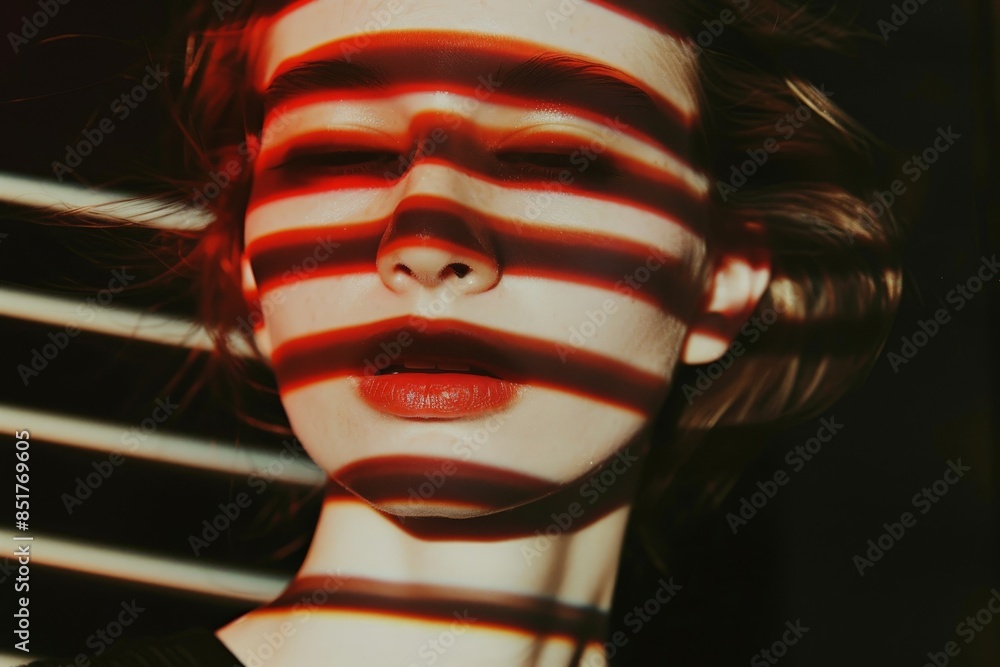 Artistic portrait of woman with dramatic lighting and shadow lines ...