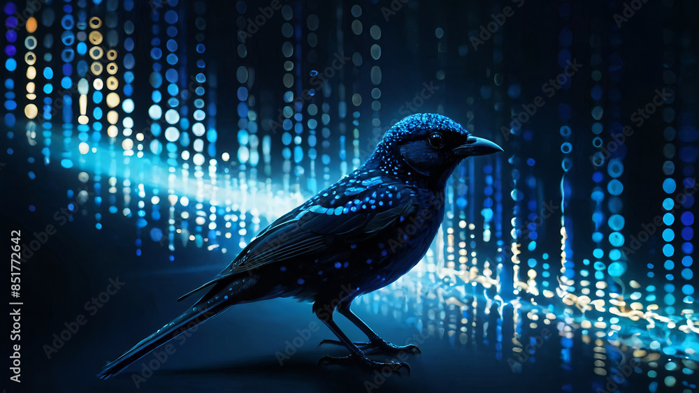 Digital Blue Bird in Futuristic Matrix - Vibrant Bird with Neon Data ...