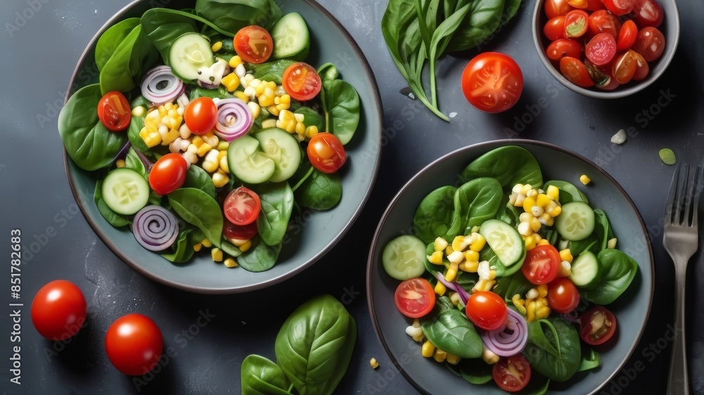 Assortment of healthy food dishes. Top view. Free space for your text ...