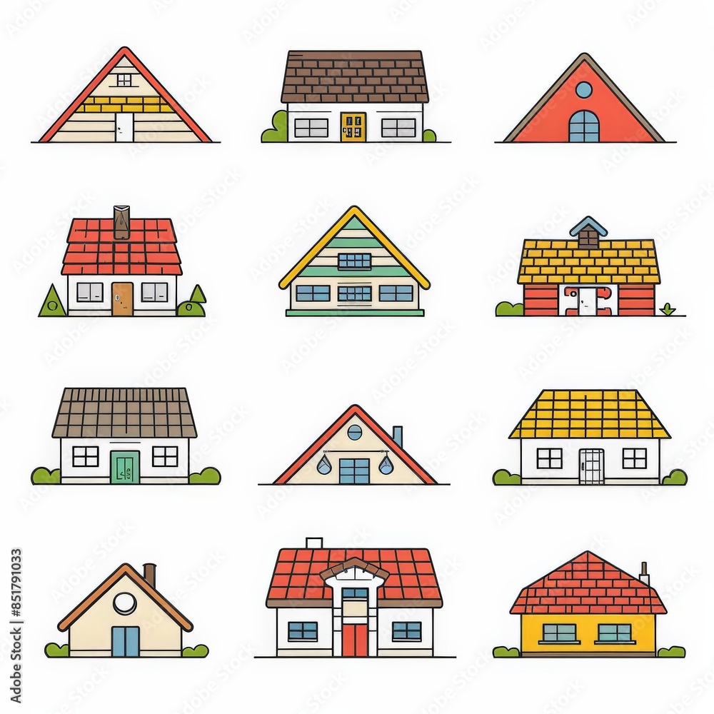 Elegant icons showing various roofing styles from flat roofs to pitched roofs in a thin line ...