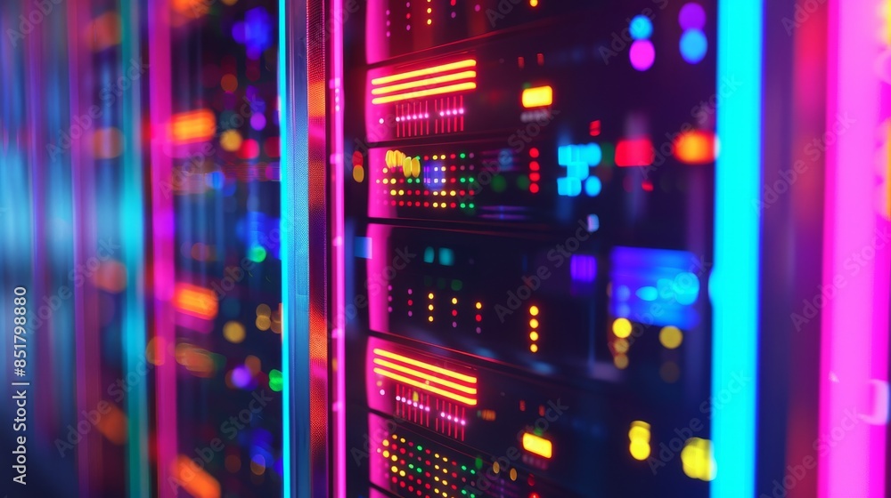 Colorful LED lights adorn a modern server rack in a data center ...
