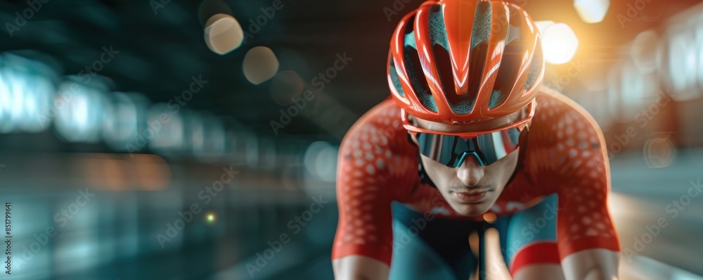 Professional cyclist in an aerodynamic racing position, wearing a red ...