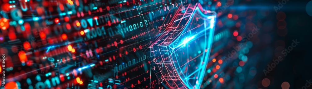 Digital security visualization with binary code and glowing shield ...