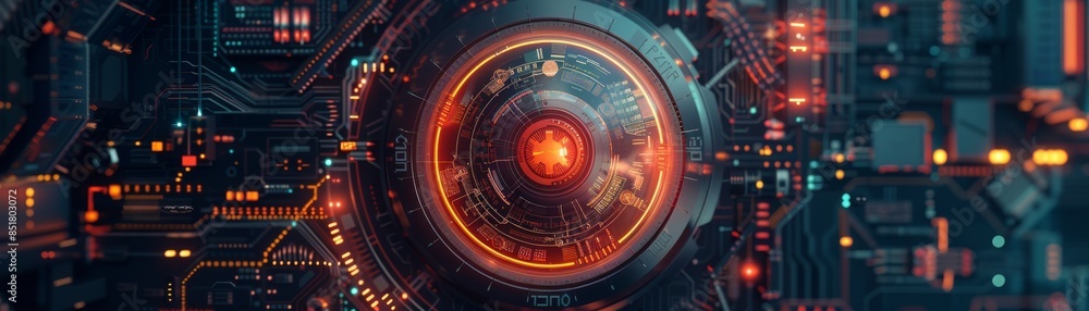 Futuristic AI technology with a glowing red orb surrounded by complex ...