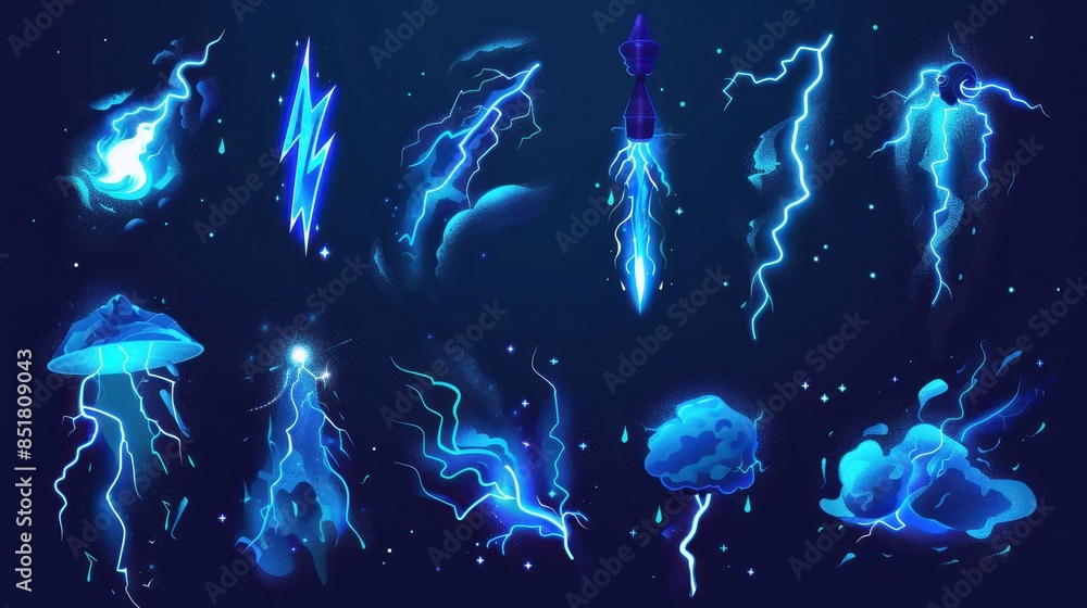 Cartoon lightning animation. Animated frames of electric strike, Stock ...