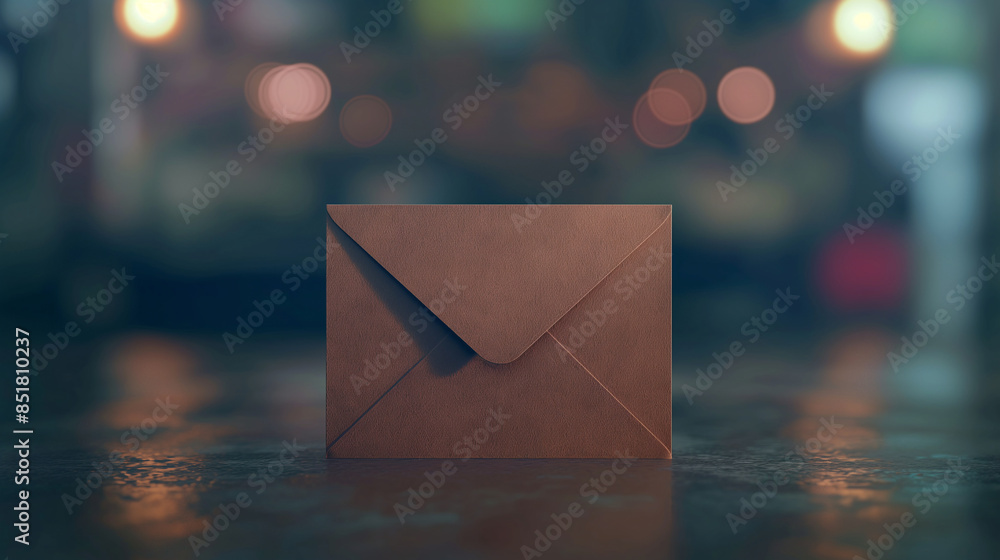 A brown paper envelope sits on a wet surface with an out of focus ...