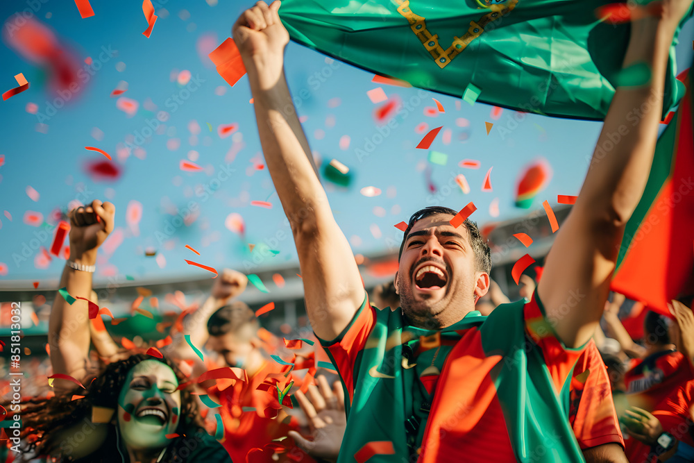 A vibrant photo of Portuguese football fans with green and red flags ...