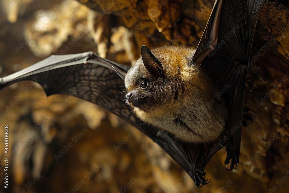 Bat in a cave: A solitary bat hanging upside down from the ceiling of a ...