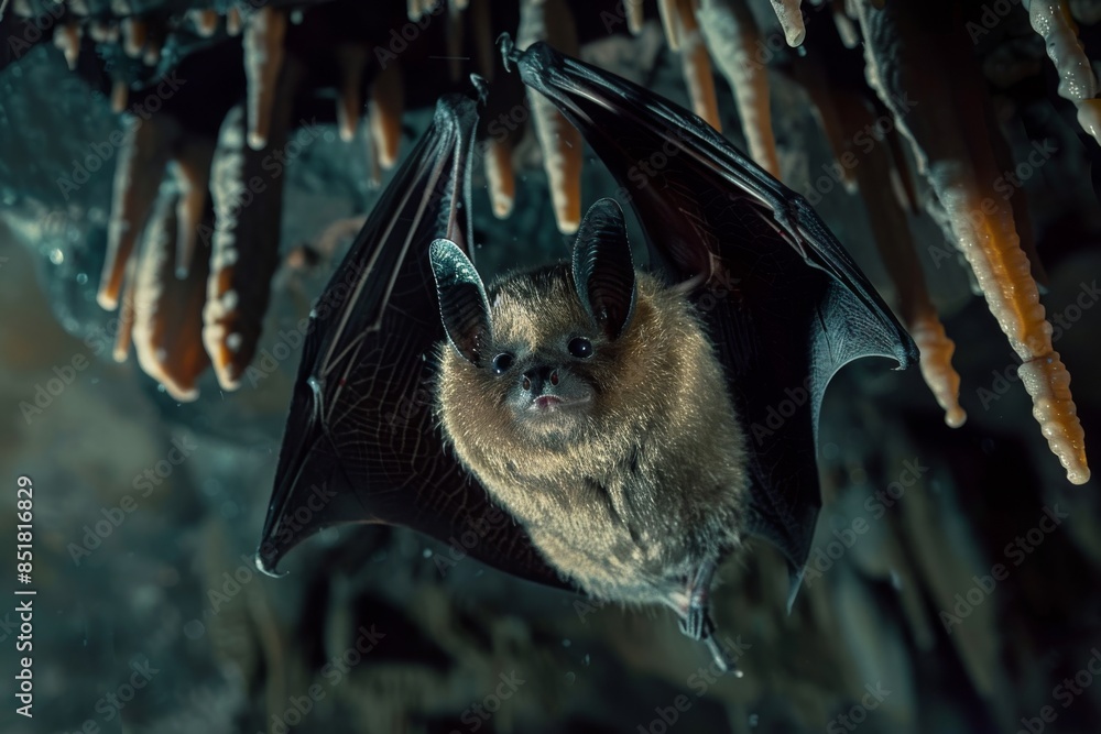 Bat in a cave: A solitary bat hanging upside down from the ceiling of a ...