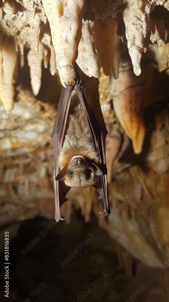 Bat in a cave: A solitary bat hanging upside down from the ceiling of a ...