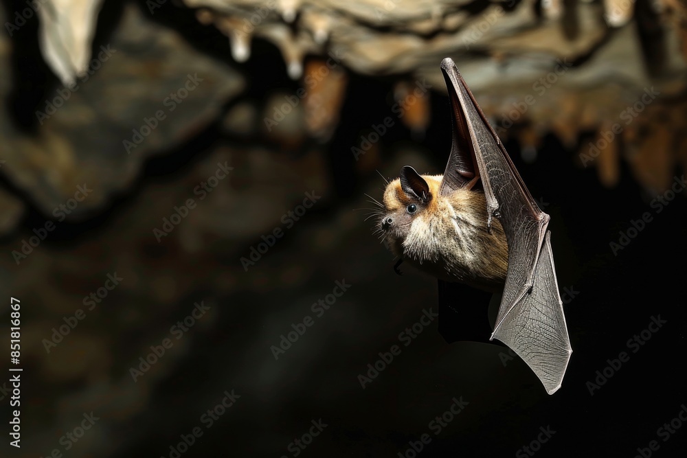 Bat in a cave: A solitary bat hanging upside down from the ceiling of a ...