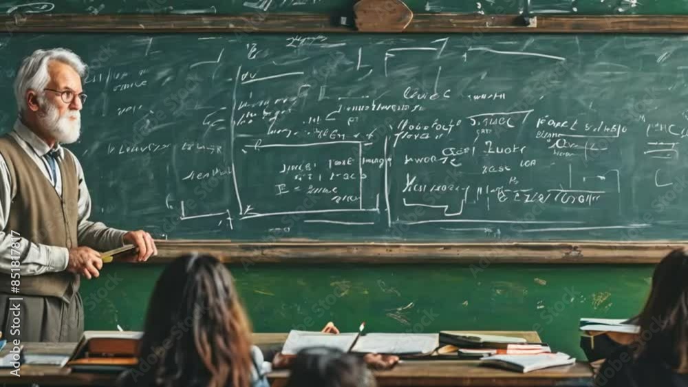 Professor looks at the blackboard covered with chalk. Old college ...