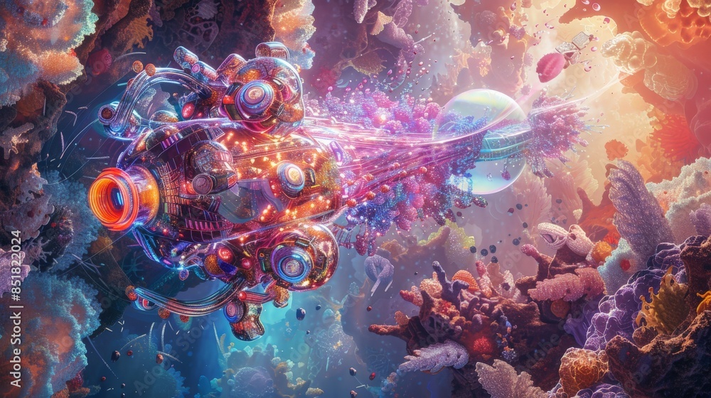 Vivid and surreal space exploration digital artwork featuring a ...