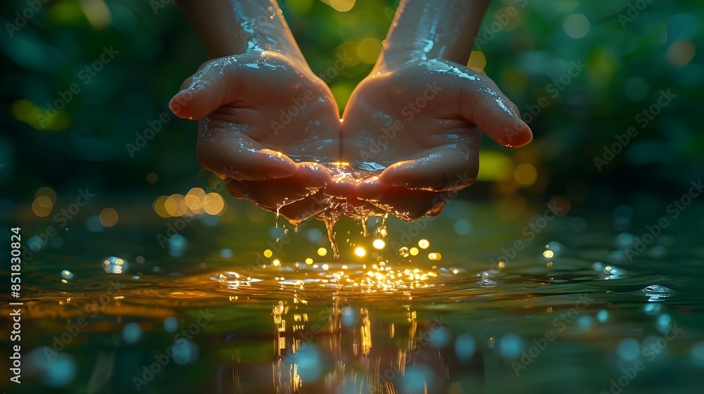 There is clean water in the palms of a person. The concept of the value ...