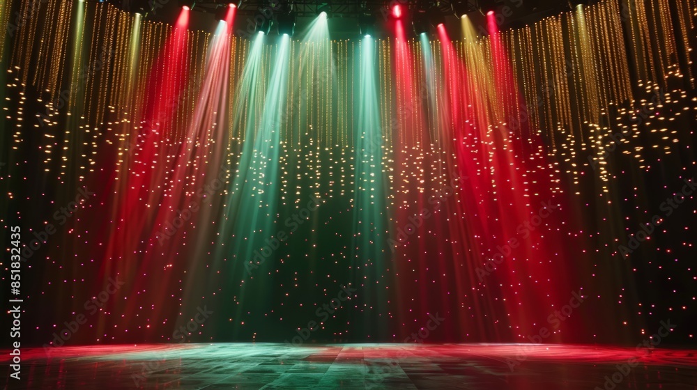 Illuminated stage with dramatic green and red lighting and spotlights ...