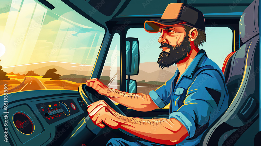 Cartoon Bus driver with a Steering Wheel happily sitting in his car ...