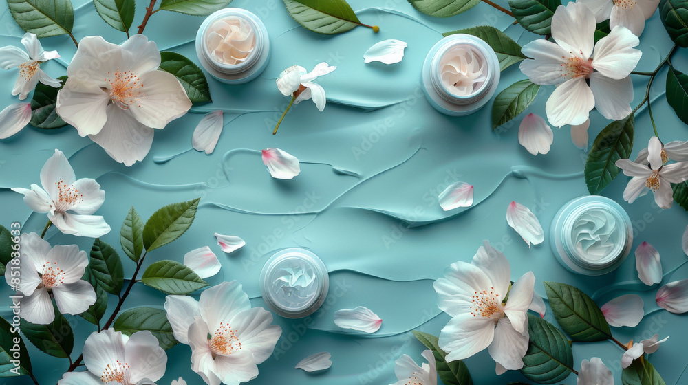 Beauty background with facial cosmetic products, leaves and cherry ...