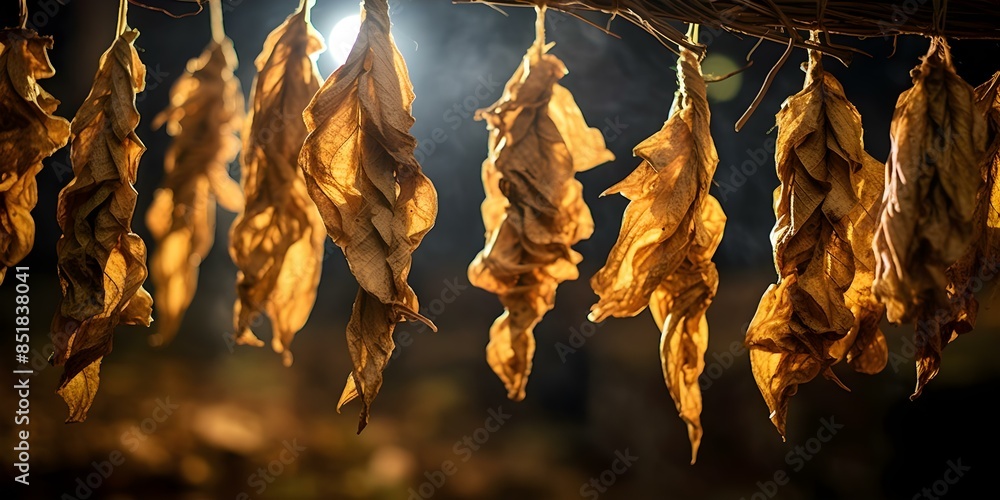 Artwork depicting tobacco leaves and glowing threads as symbols of ...