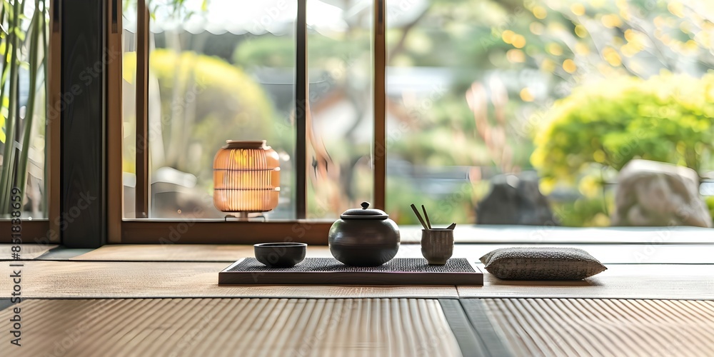 Traditional Japanese Tea Room with Tatami Mats, Low Table, and Tea ...