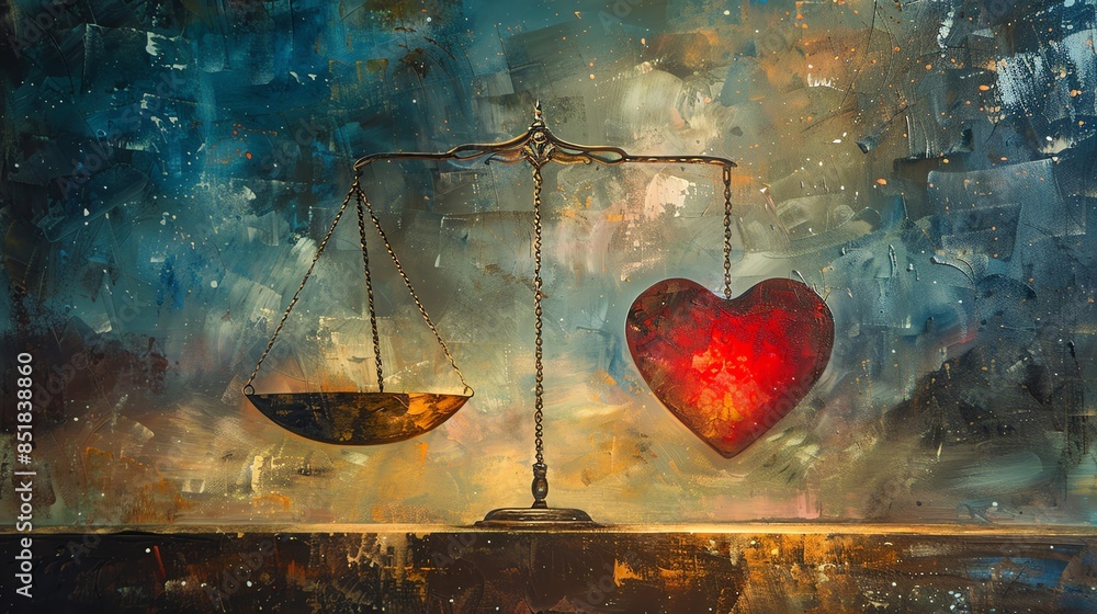 A symbolic painting of a scale balancing a heart and a mind, with the ...