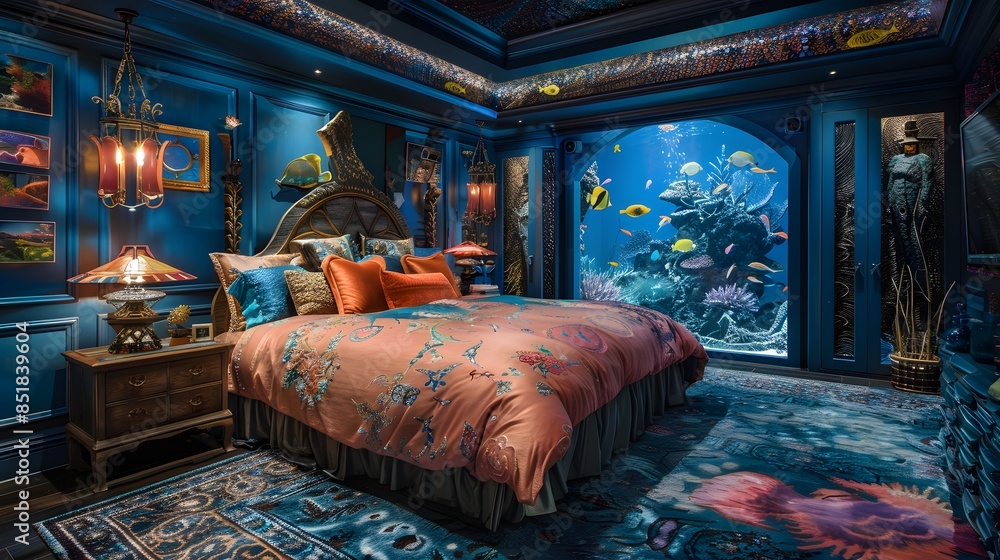 Luxurious bedroom with an underwater theme and a large aquarium wall ...