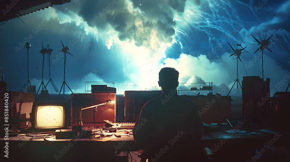 Seismologist analyzing nuclear test seismic waves in underground bunker ...