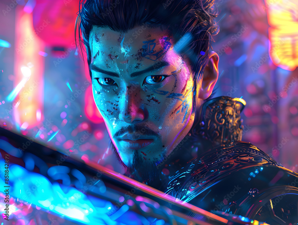 Cyberpunk Warrior - Futuristic Chinese Swordsman in Neon Cityscape with ...