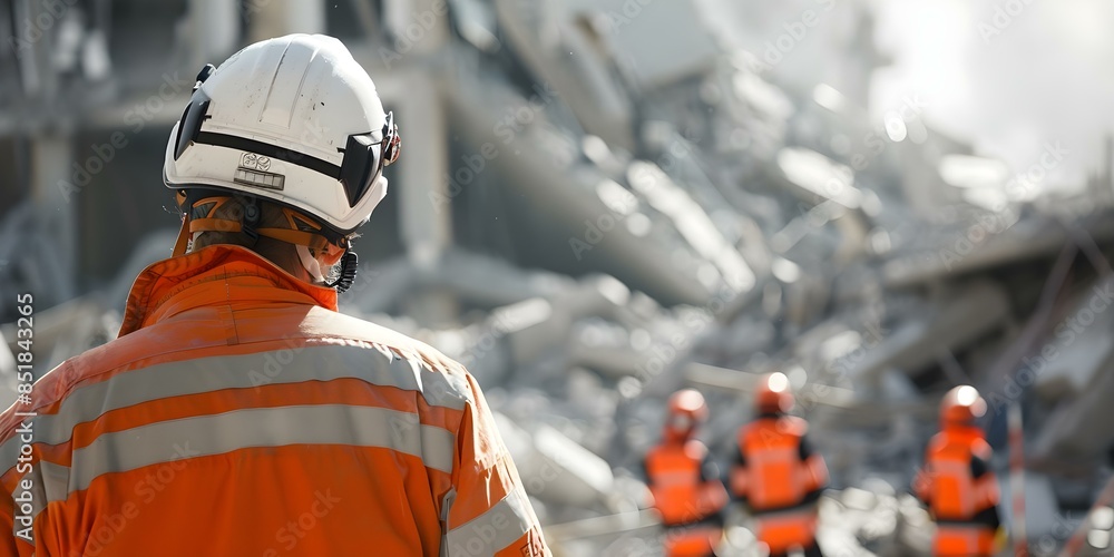 Assessment of building collapse by rescue worker with team in ...