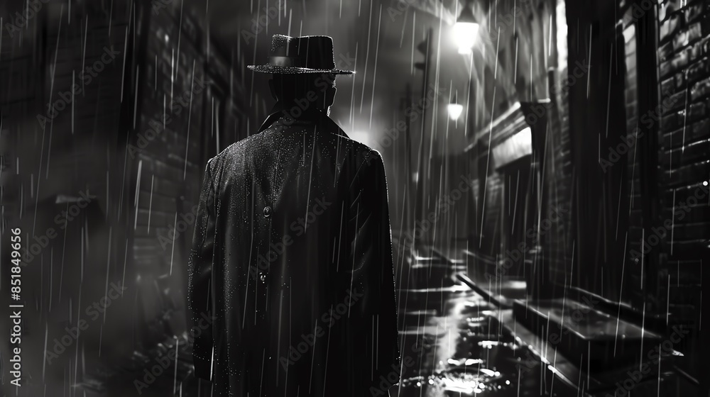Produce an eye-level angle illustration in a film noir-inspired style ...