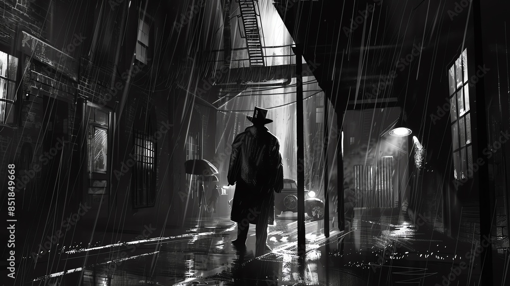Produce an eye-level angle illustration in a film noir-inspired style ...