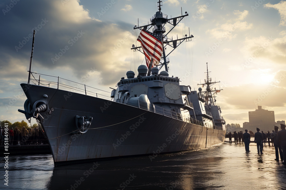 US navy warship stationed in port at sunset, with American flag waving ...