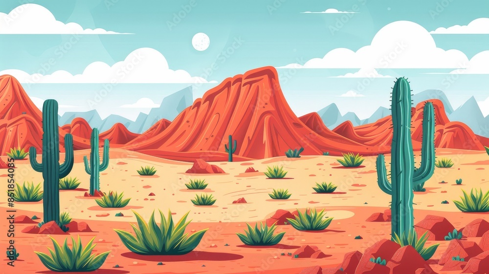 xeric flat design front view desert landscape theme cartoon drawing ...