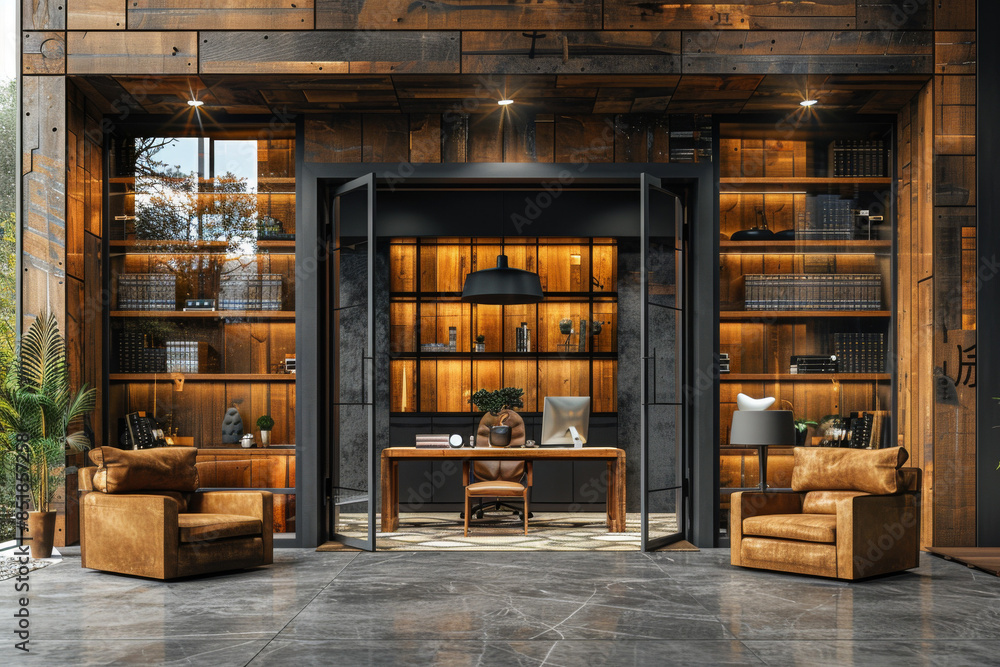 Front view of a modern office interior with a wooden door and glass ...