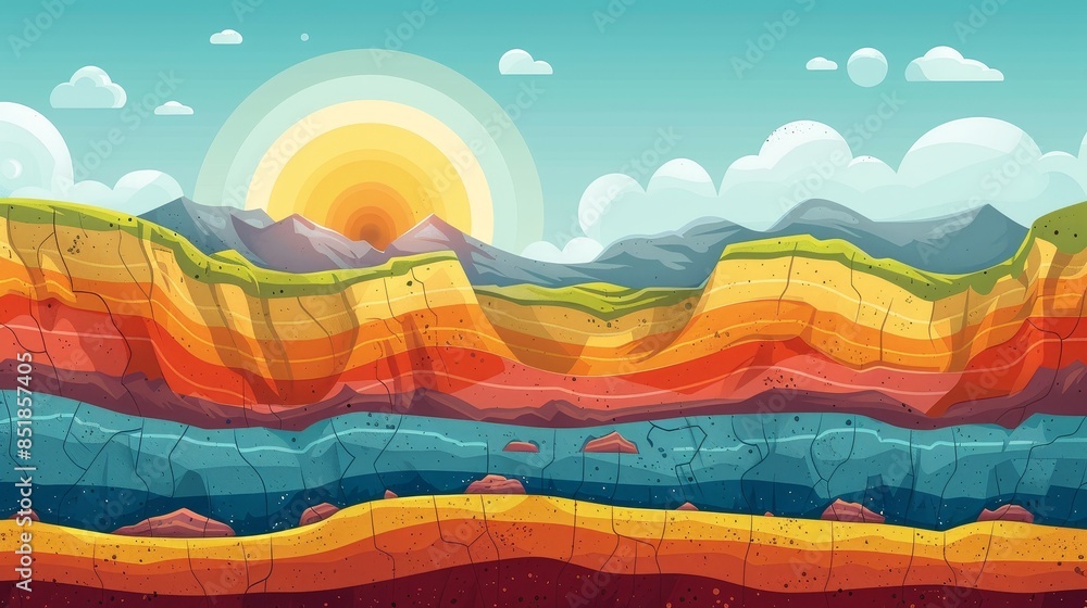 layer flat design front view geological strata theme cartoon drawing ...