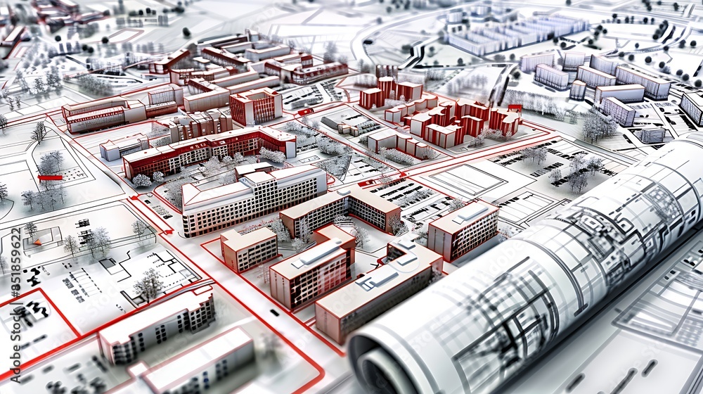 Urban planning and architecture with 3D city model, red highlights ...