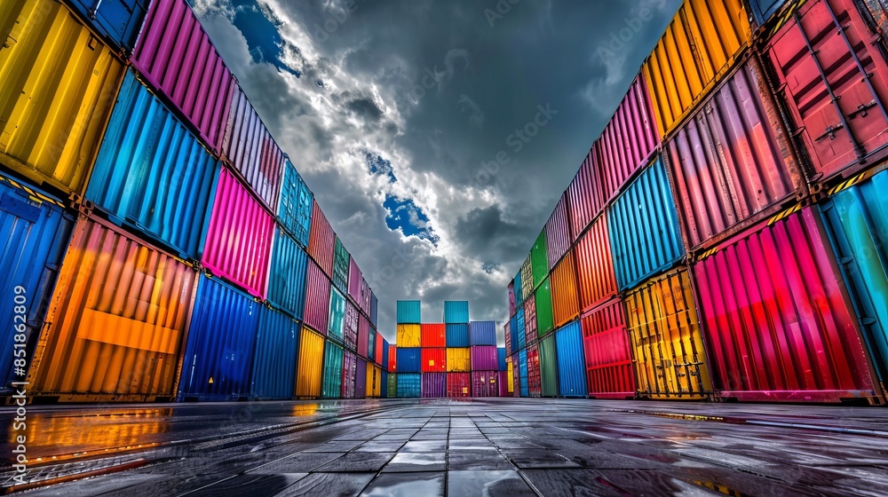 shipping container yard with stacks of colorful containers organized ...