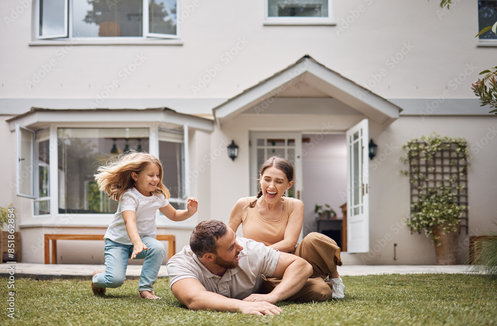 Play, happy family or child in backyard at new house, real estate and ...