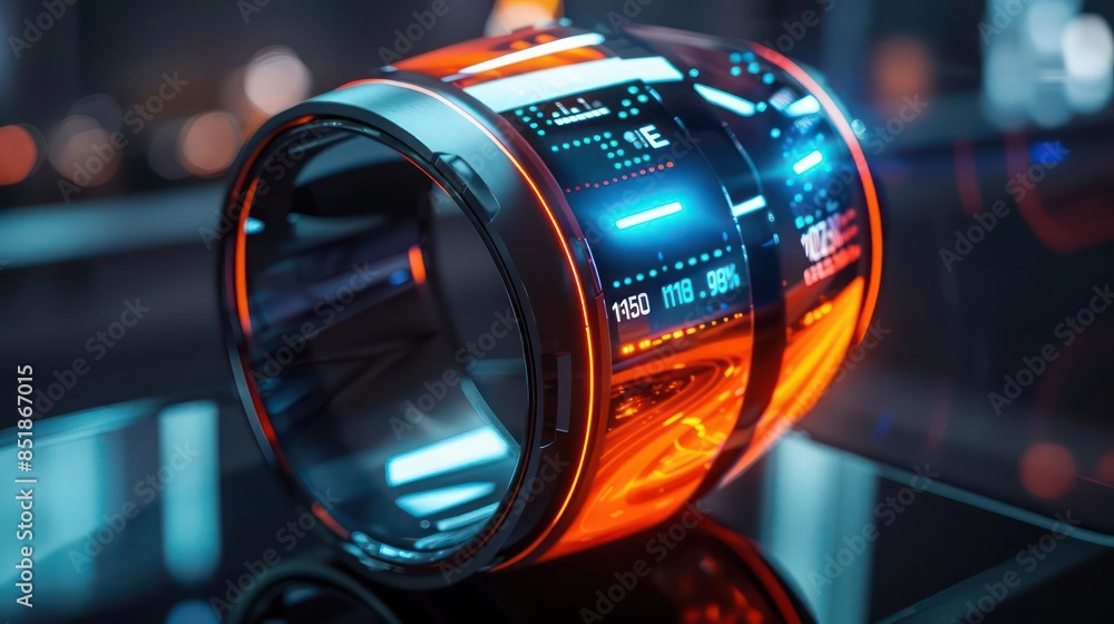 A futuristic smartwatch with a flexible OLED display that wraps around ...