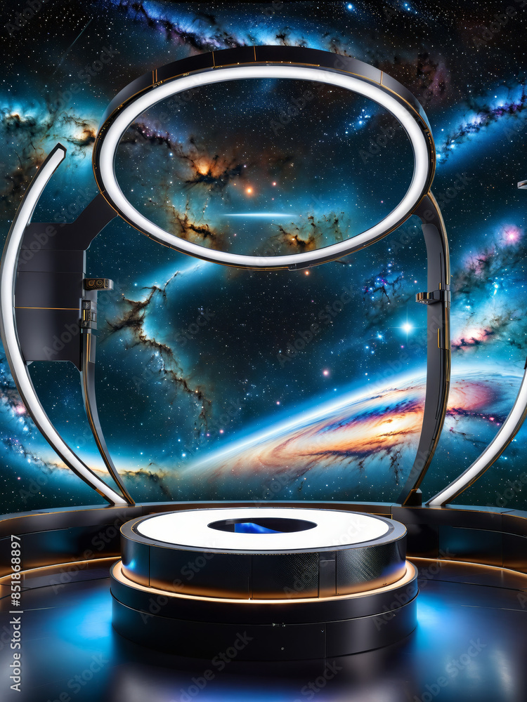 Futuristic carbon fibre podium, ring light, nebula galaxy, electronical ...