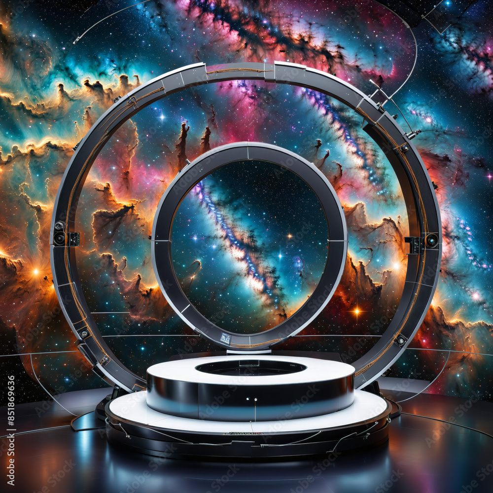 Futuristic carbon fibre podium, ring light, nebula galaxy, electronical ...