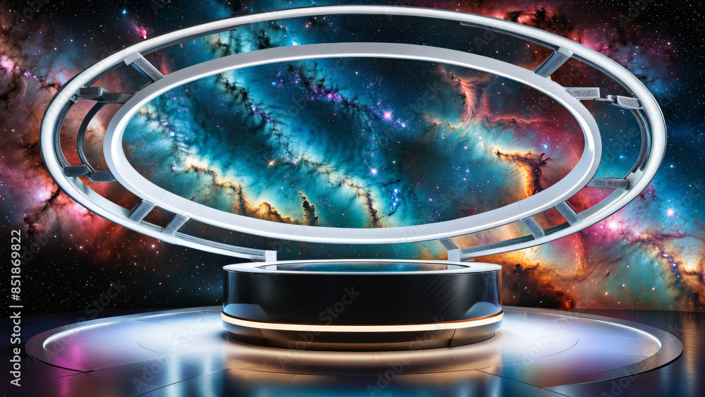 Futuristic carbon fibre podium, ring light, nebula galaxy, electronical ...