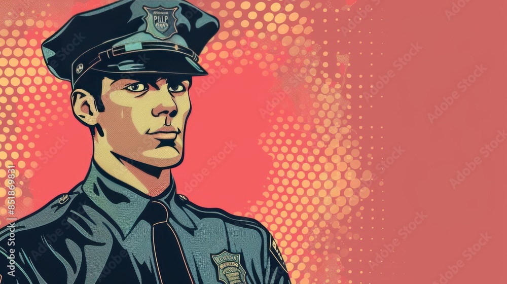 Vector illustration of close-up view of police officer. Comic book ...